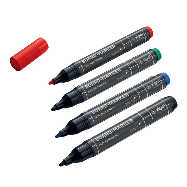 Sigel Glass Board Markers, 2-3 mm round nib, 4/set, Blue/Red/Green/Bla ...