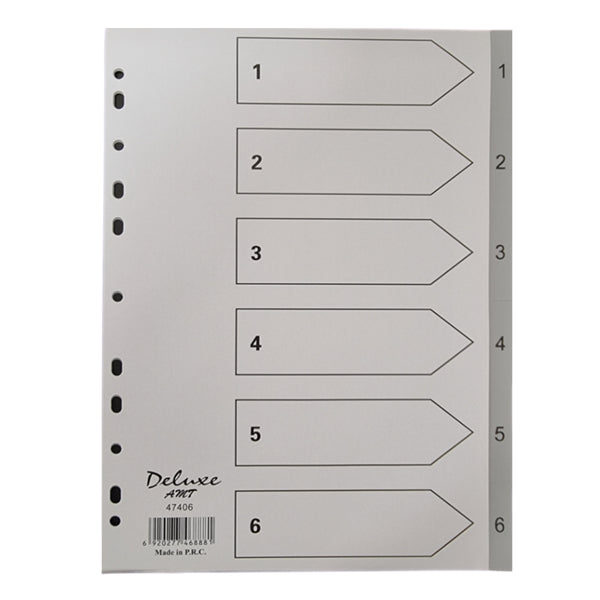 Deluxe Divider Plastic PVC Grey A4 with numbers 1- 6 - Office Suppl ...
